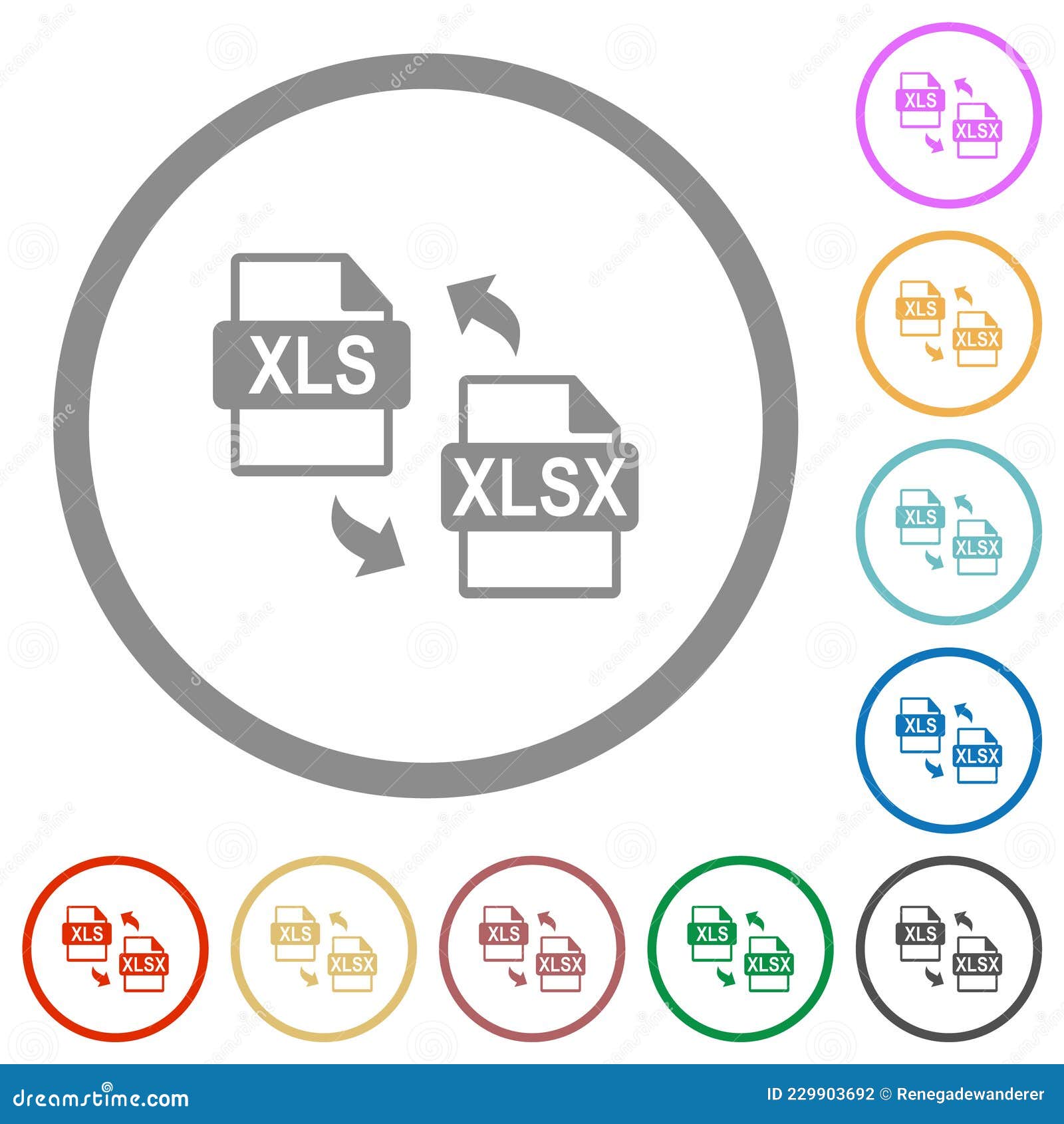 XLS XLSX File Conversion Flat Icons With Outlines Vector Illustration ...
