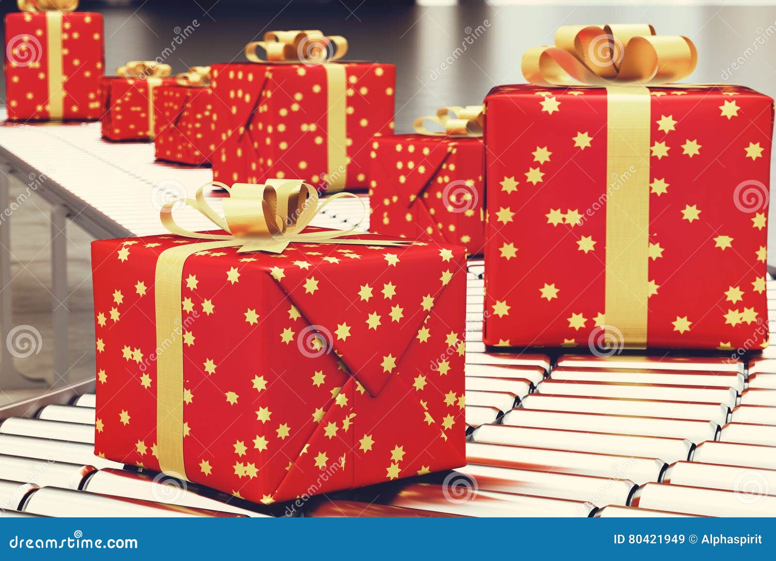 Xmas Gift Box on Conveyor Roller. 3D Rendering Stock Image - Image of ...