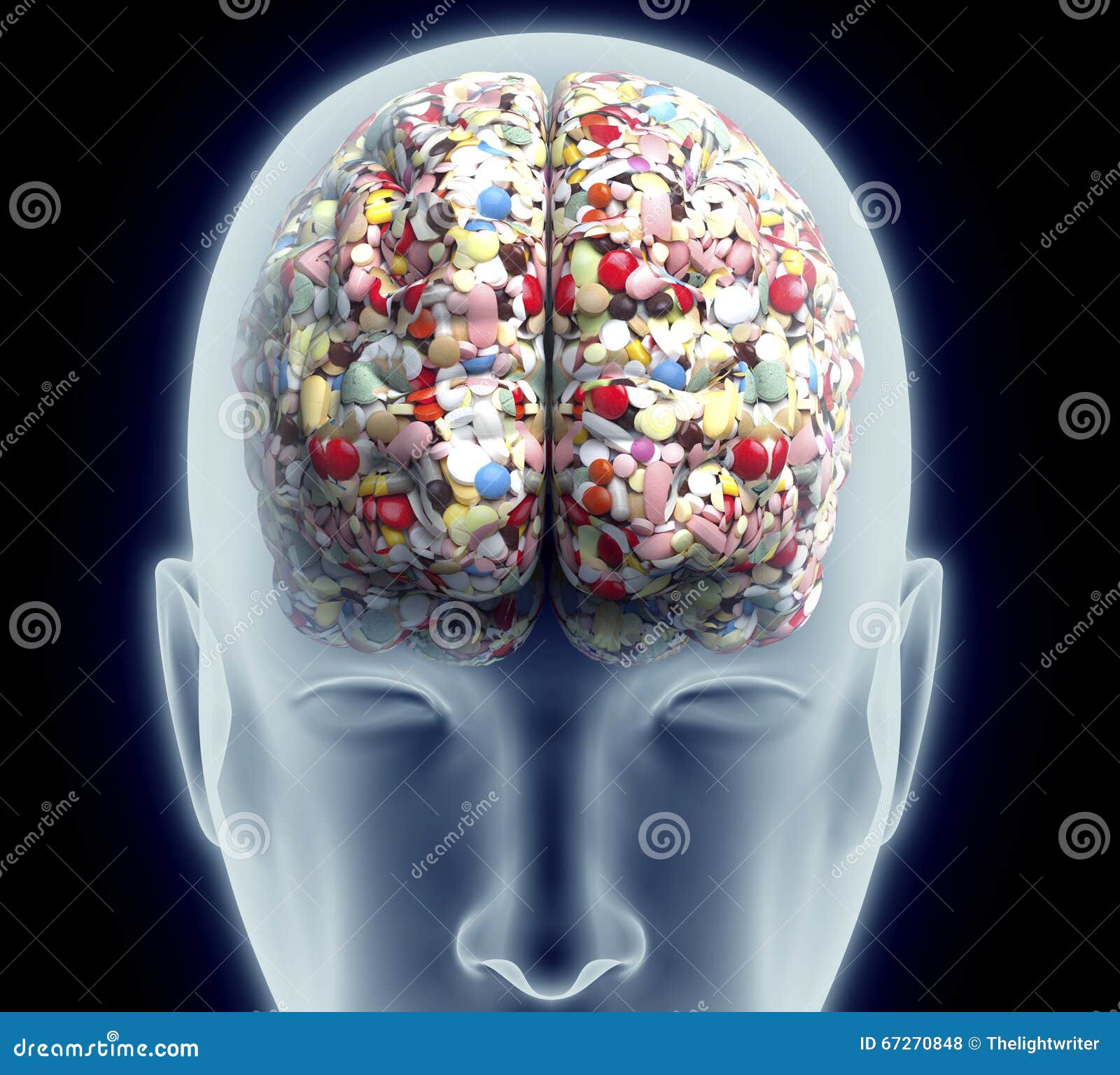 Xray of Human Head with Pills and Drugs for Brain. Stock Illustration ...