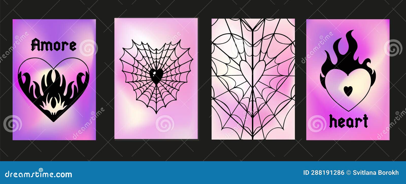 Y2k Emo Poster Fire, Spider Web Hearts. Vector Illustration Stock ...