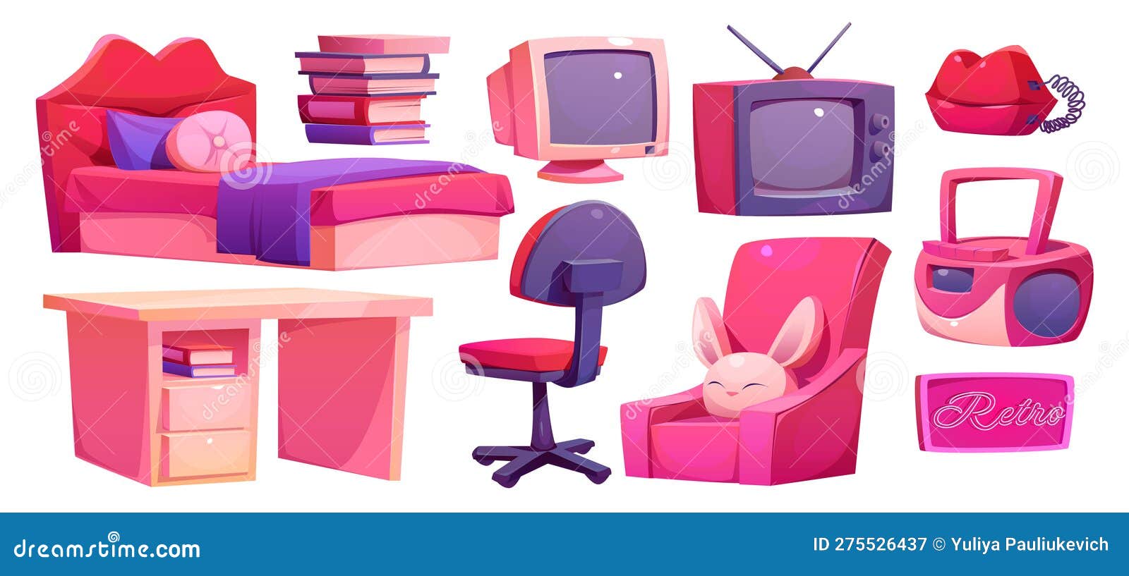 Y2k Girl Bedroom Furniture Cartoon Vector Set Stock Illustration