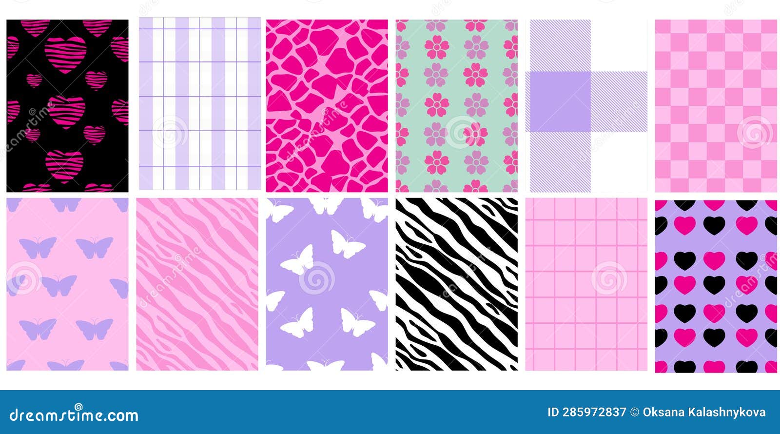 Y2k Glamour Pink Seamless Patterns. Backgrounds in Trendy Emo Goth ...