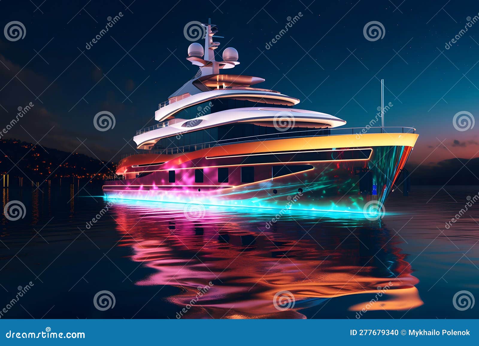 Yacht with Neon Lighting. Neural Network AI Generated Stock ...