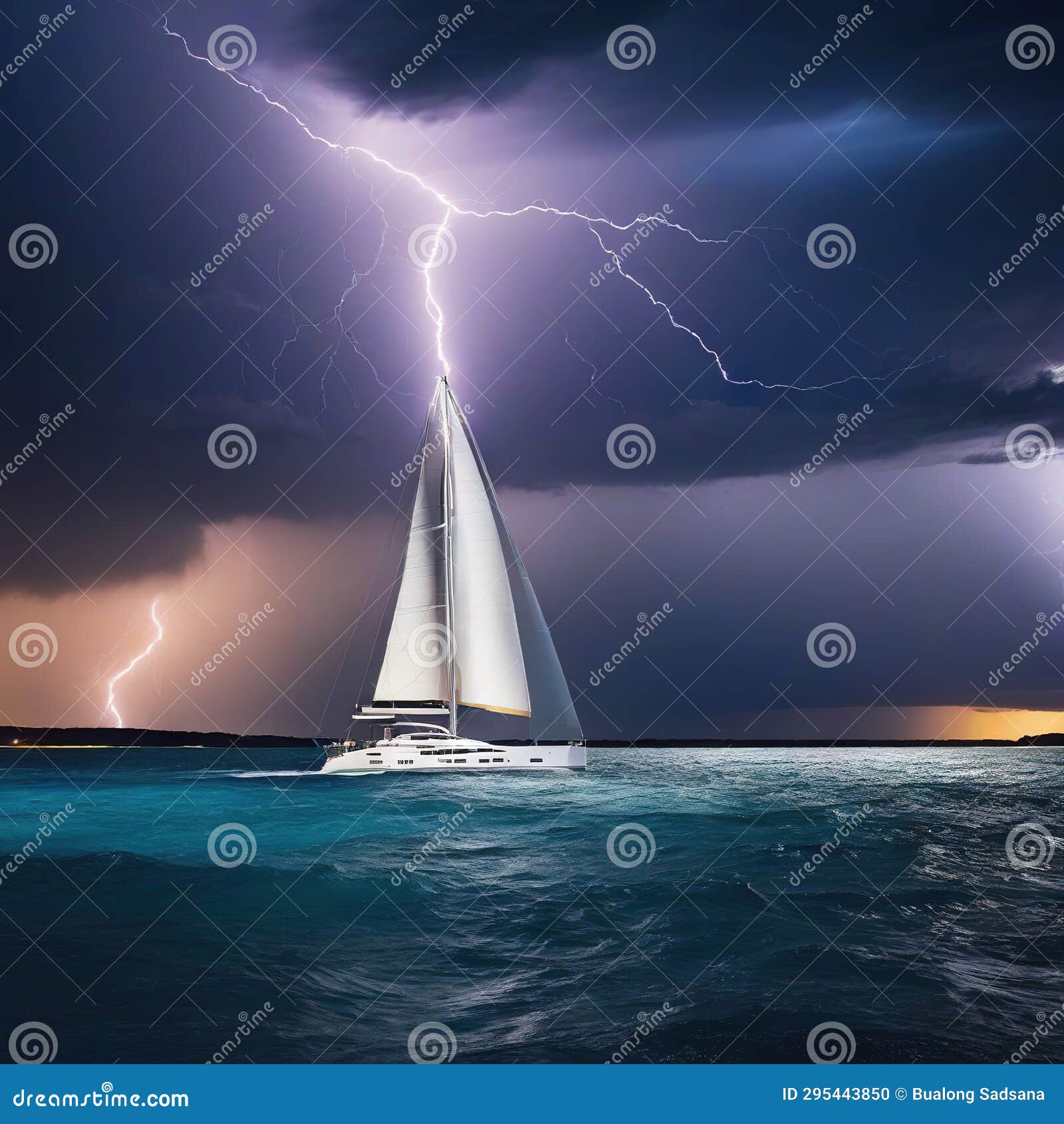 Yacht Sailing in a Storm with Lightning and Stock Illustration ...