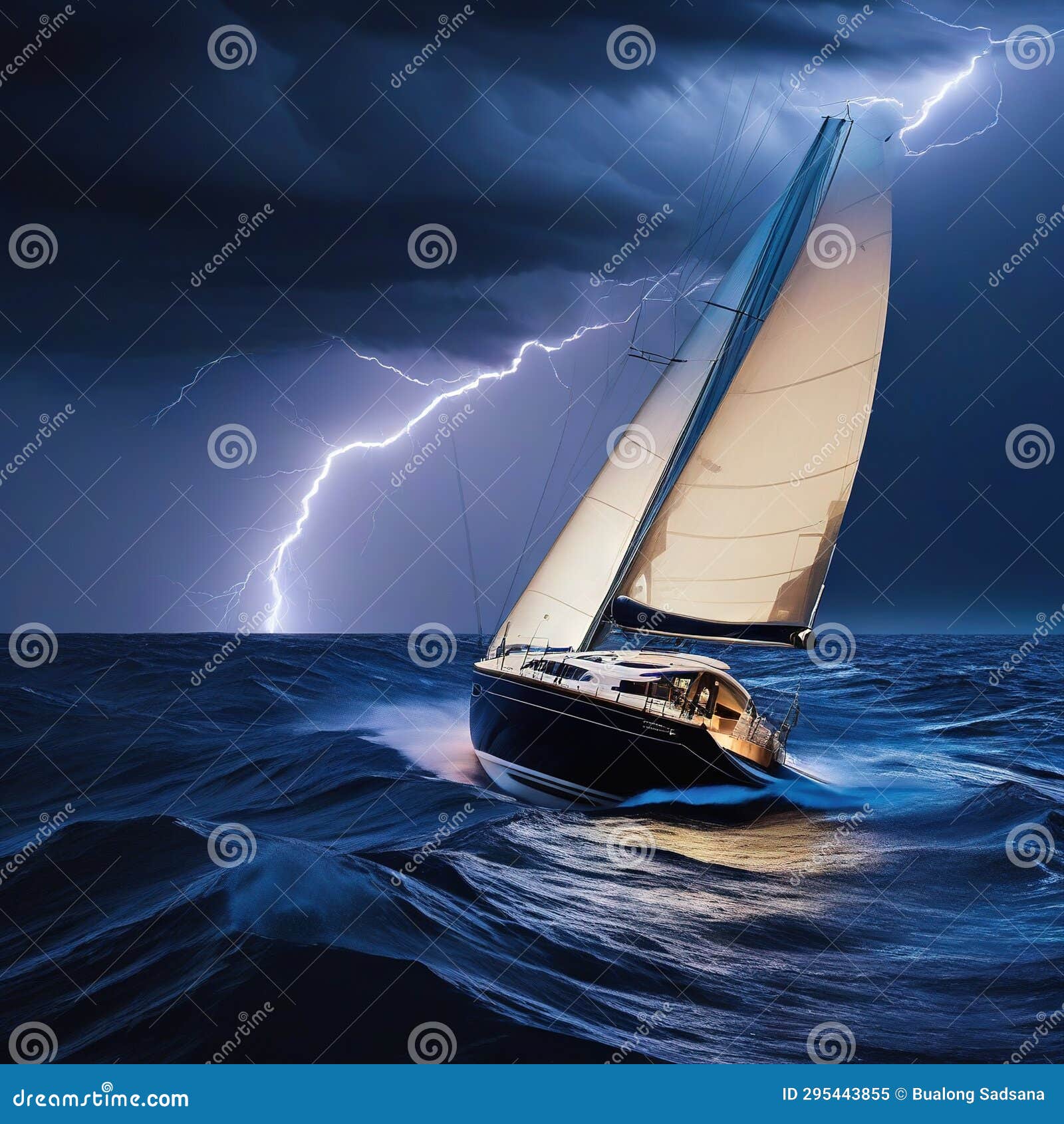 Yacht Sailing in a Storm with Lightning and Stock Illustration ...