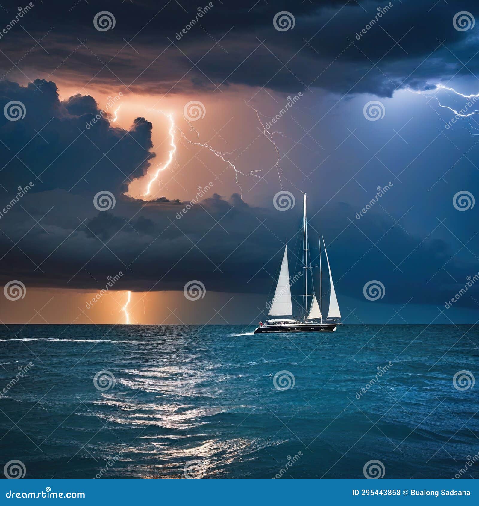 Yacht Sailing in a Storm with Lightning and Stock Photo - Image of sail ...