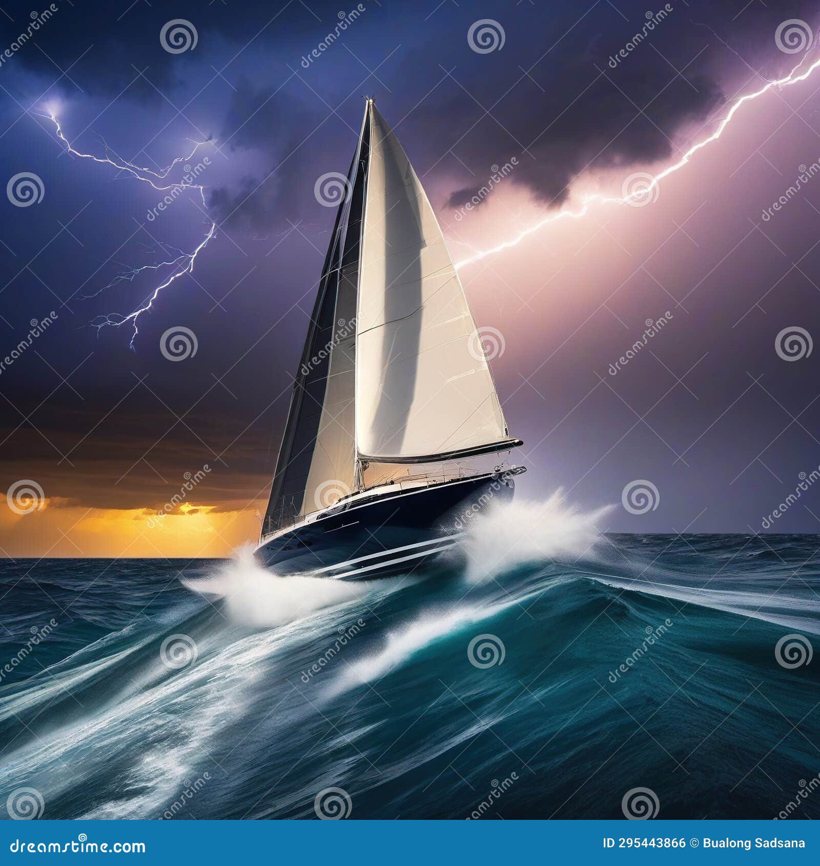Yacht Sailing in a Storm with Lightning and Stock Illustration ...