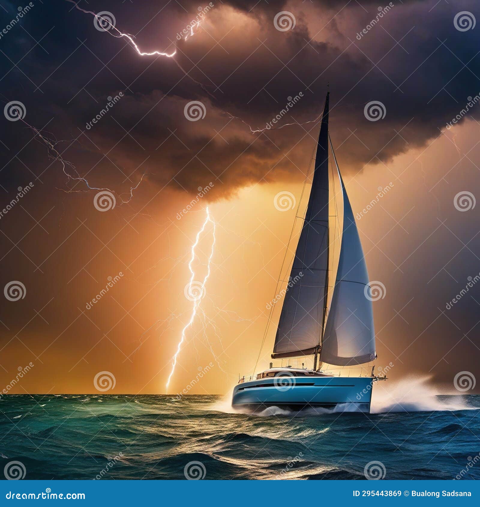 Yacht Sailing in a Storm with Lightning and Stock Illustration ...