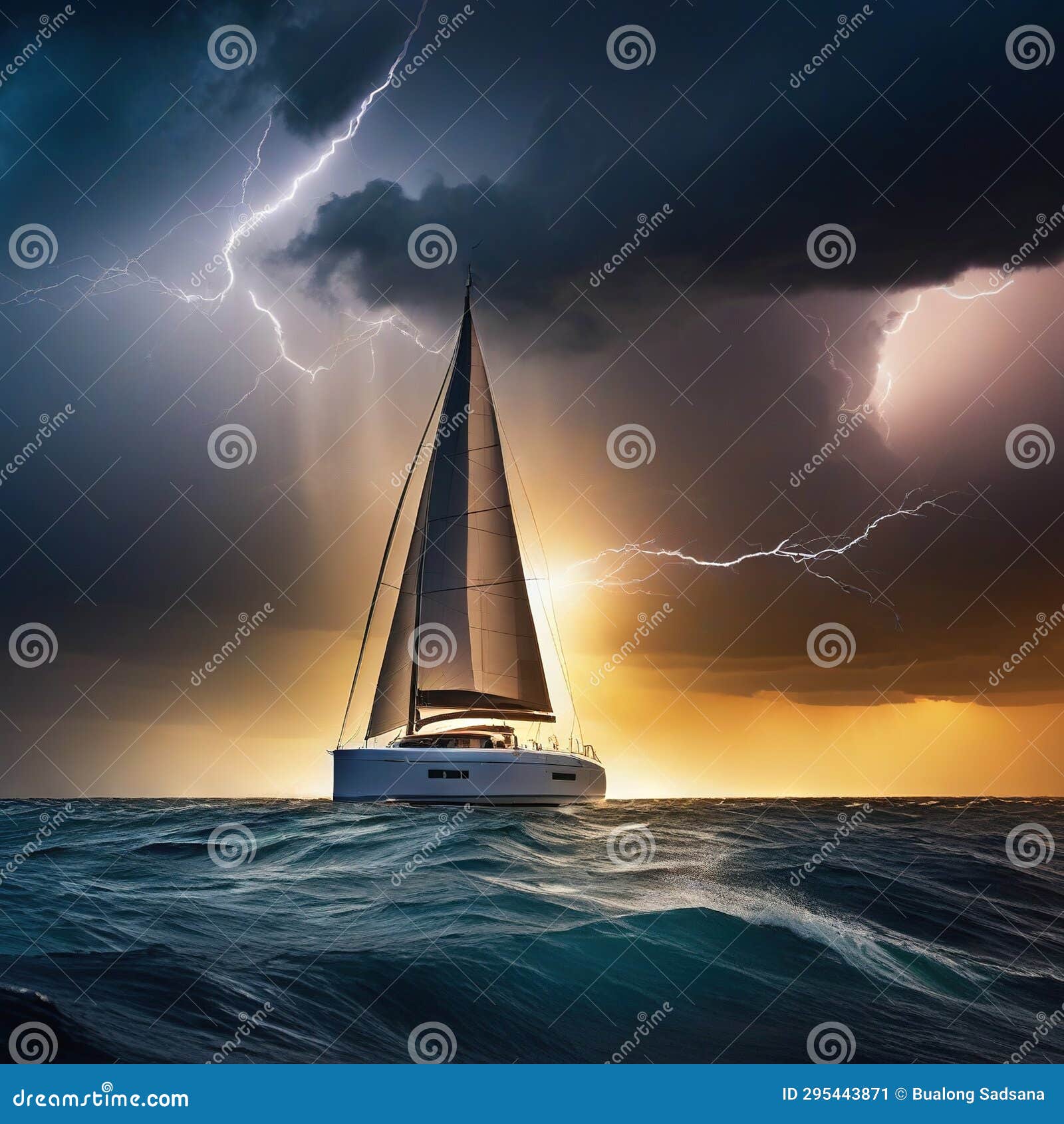 Yacht Sailing in a Storm with Lightning and Stock Illustration ...