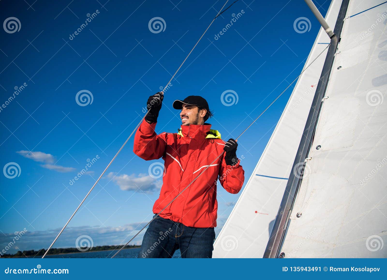 Yacht Sailor Pulling Rope. Man Working On Sailboat. Royalty-Free Stock ...
