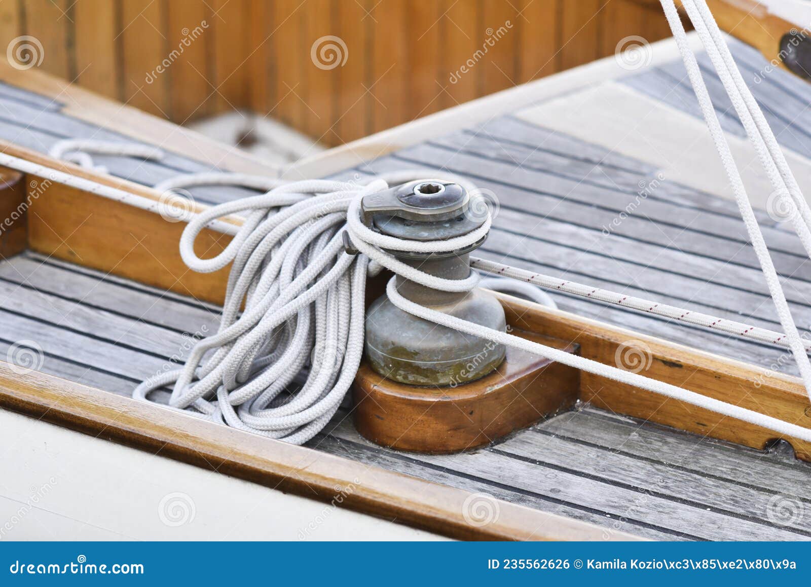 .Yacht Winch with Rope, Chrome Rope Winch Stock Photo - Image of ...
