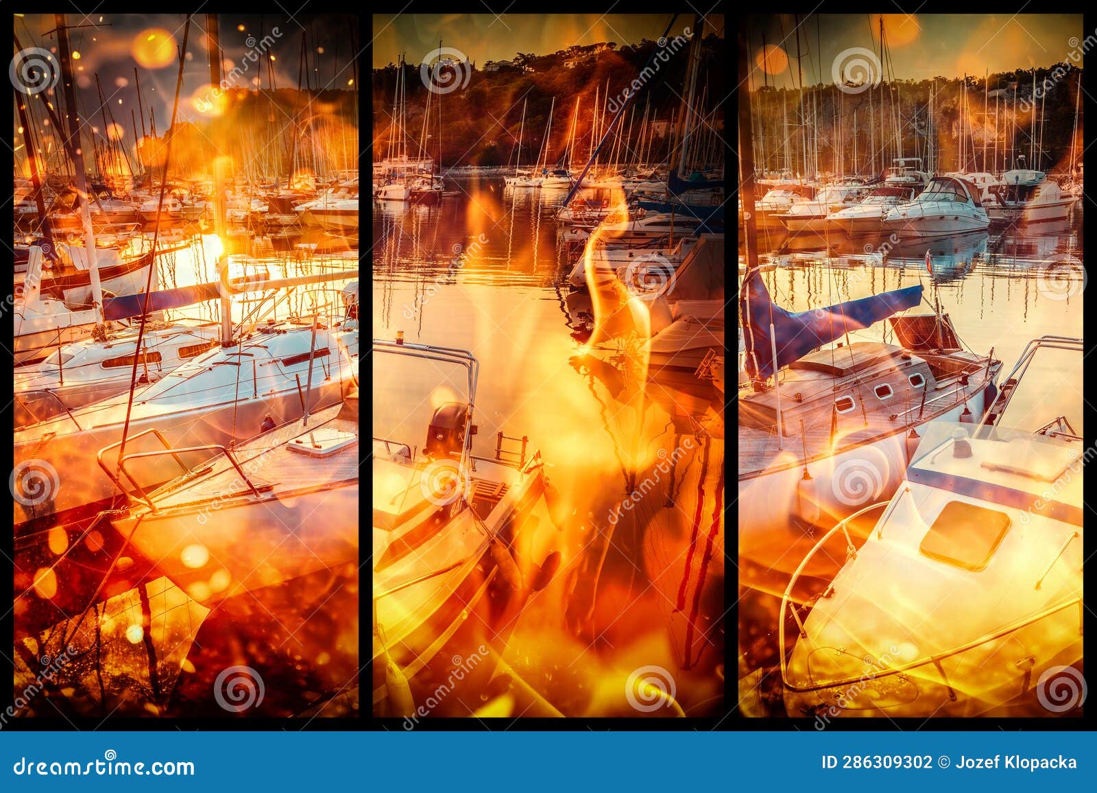 Yachts Moored in a Harbor. Detailed View with Yacht. Fire Effect. Stock ...