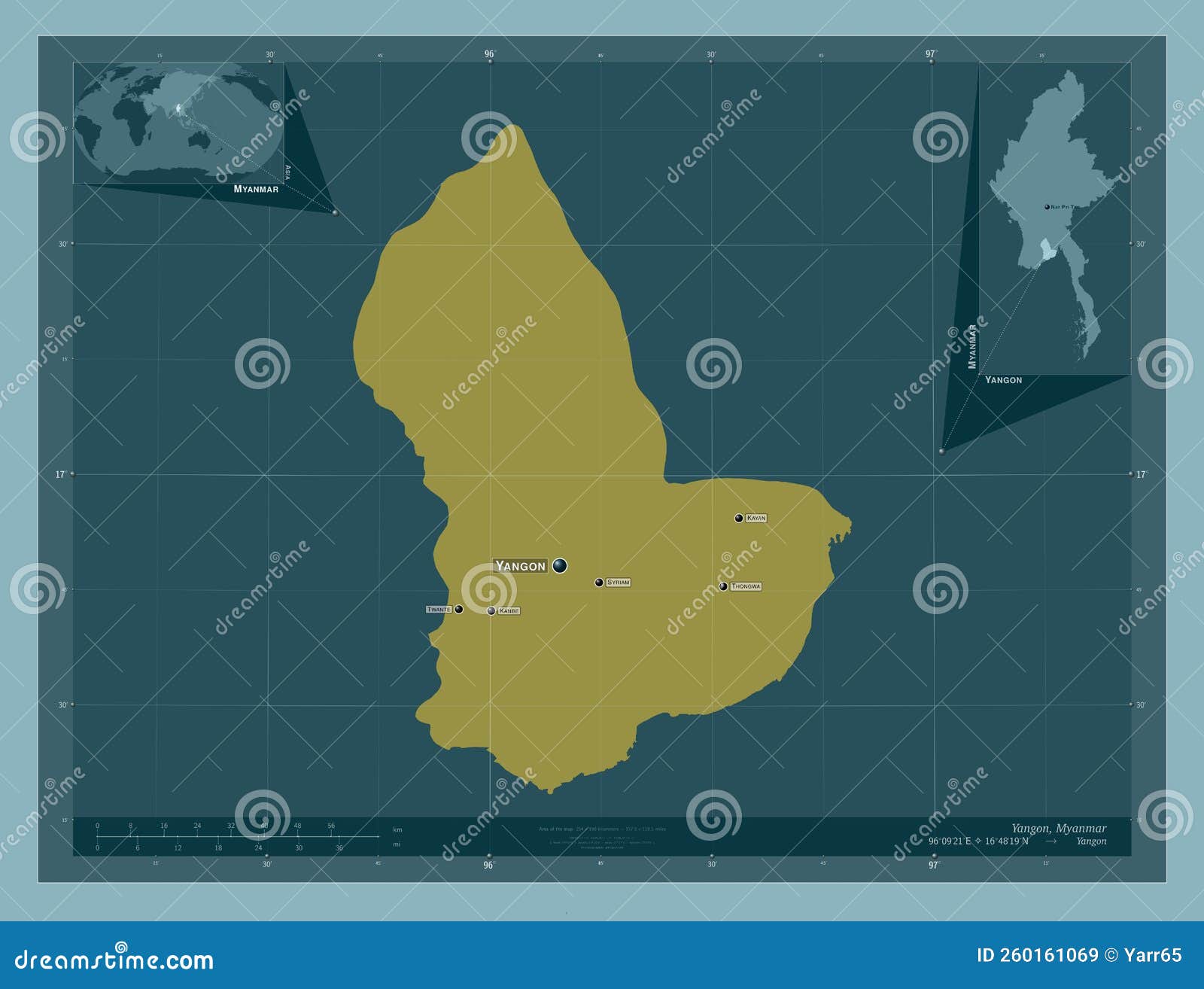 Yangon, Myanmar. Solid. Labelled Points of Cities Stock Illustration ...
