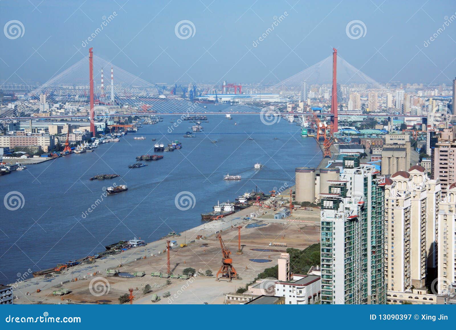 Yangpu Bridge and Huangpu River, Shanghai Stock Image - Image of ...