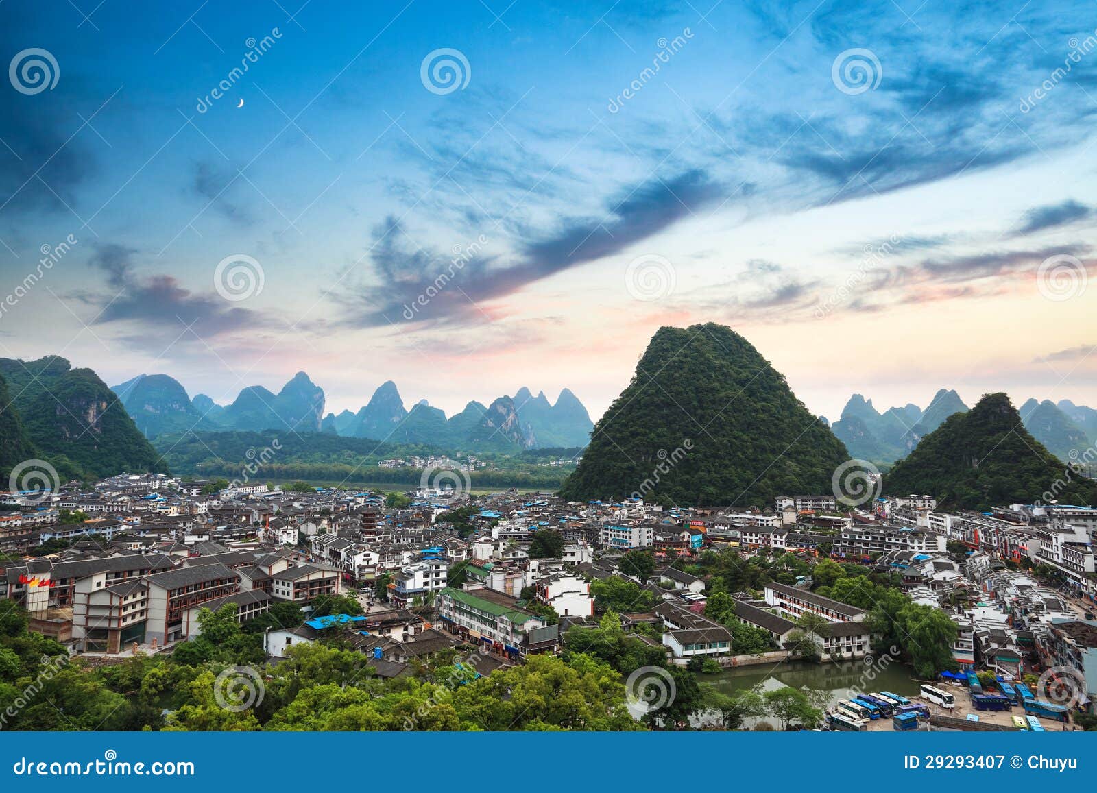 Yangshuo County Town at Sunset Stock Image - Image of famous, china ...