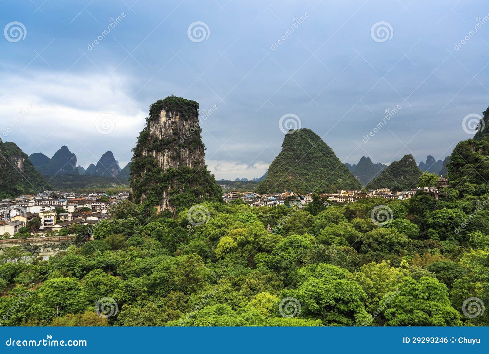 Yangshuo County Town Surrounded by Mountains Stock Photo - Image of ...