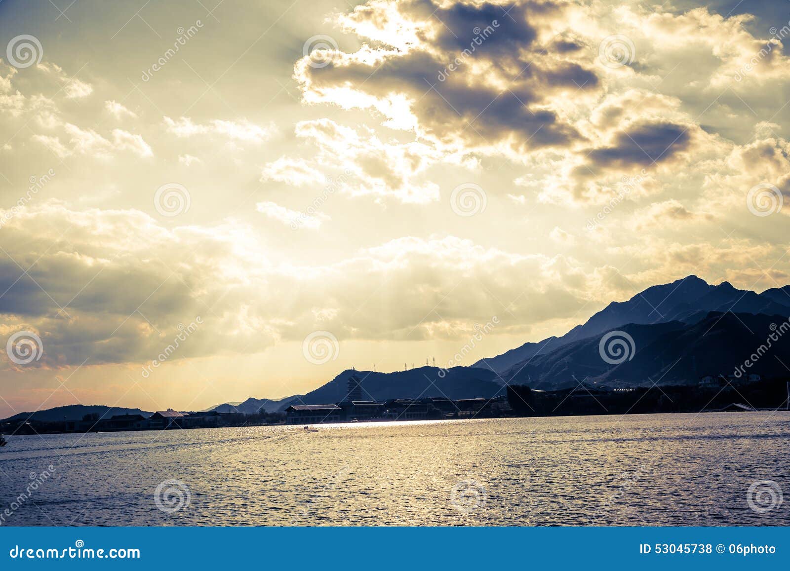 Yanqi lake at sunset stock photo. Image of stone, hill - 53045738