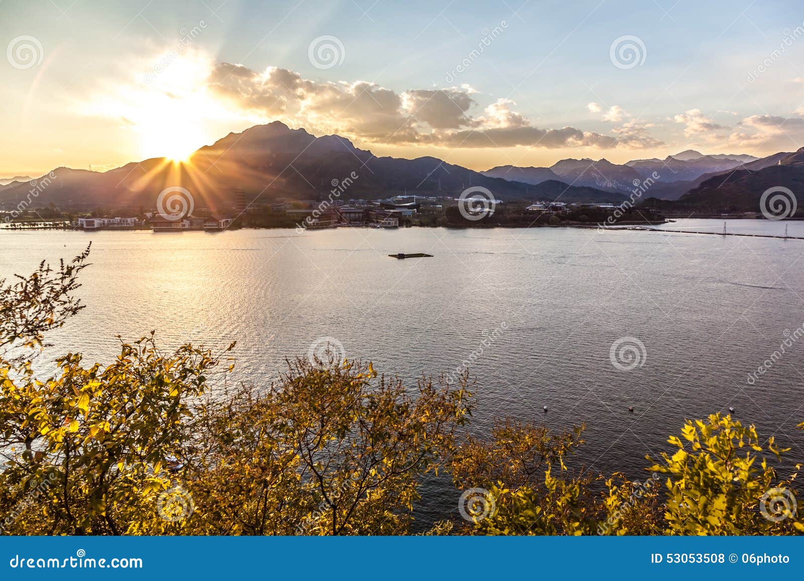 Yanqi lake at sunset stock photo. Image of dawn, light - 53053508