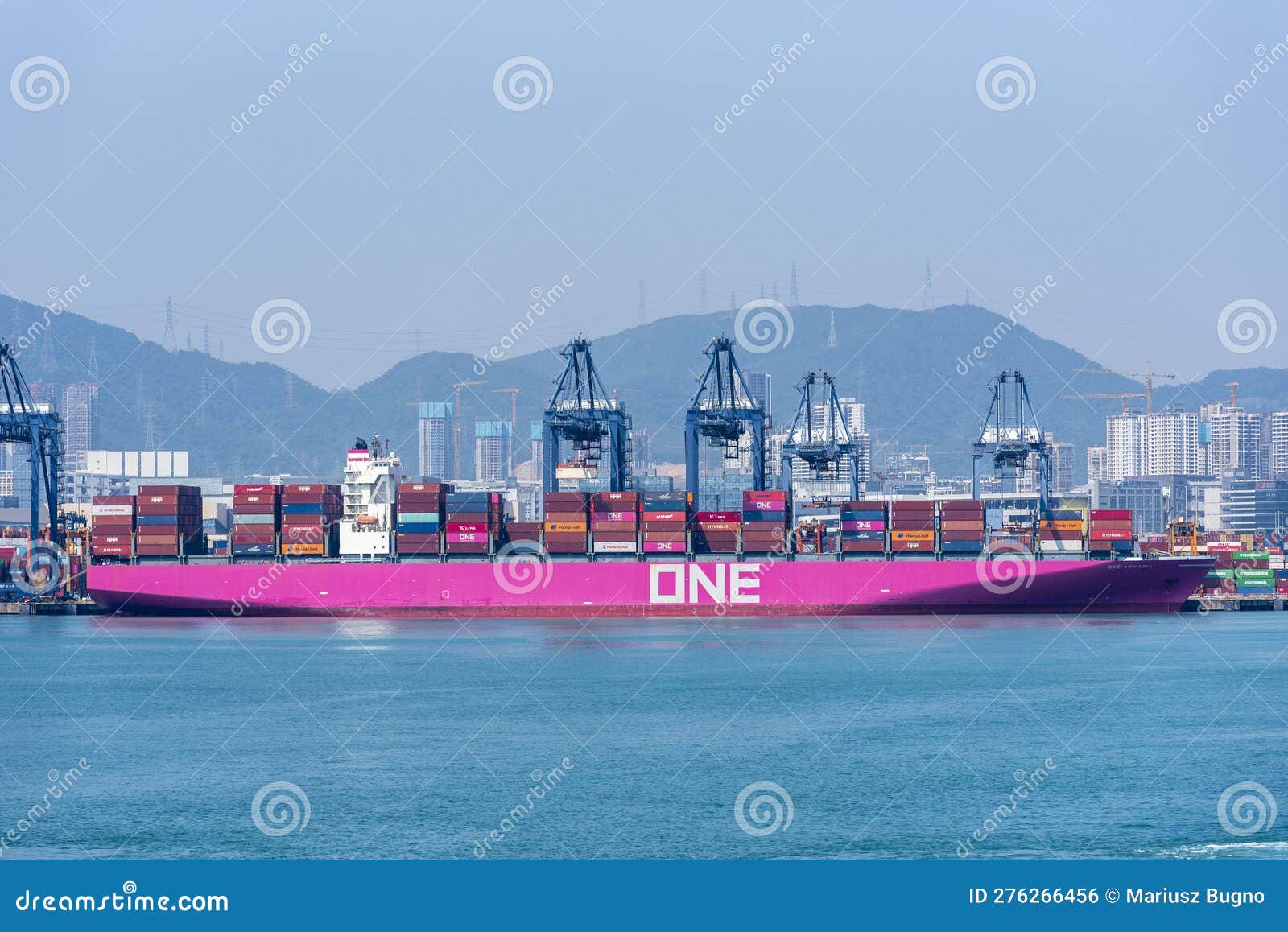 Large Pink Container Ship Berthed In The Container Terminal Editorial