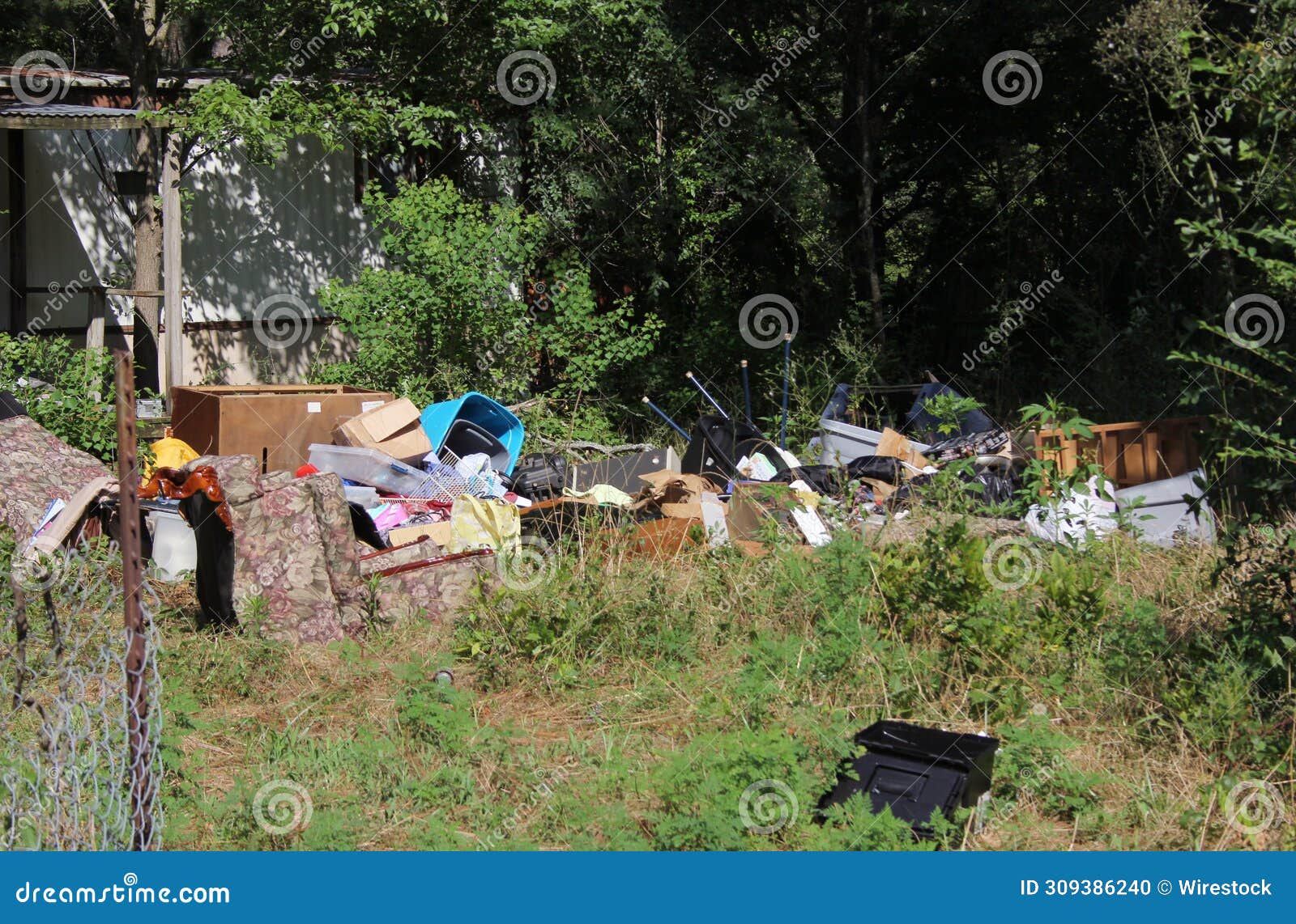 Yard Filled with Garbage and Trash Surrounded by Trees Stock Photo ...