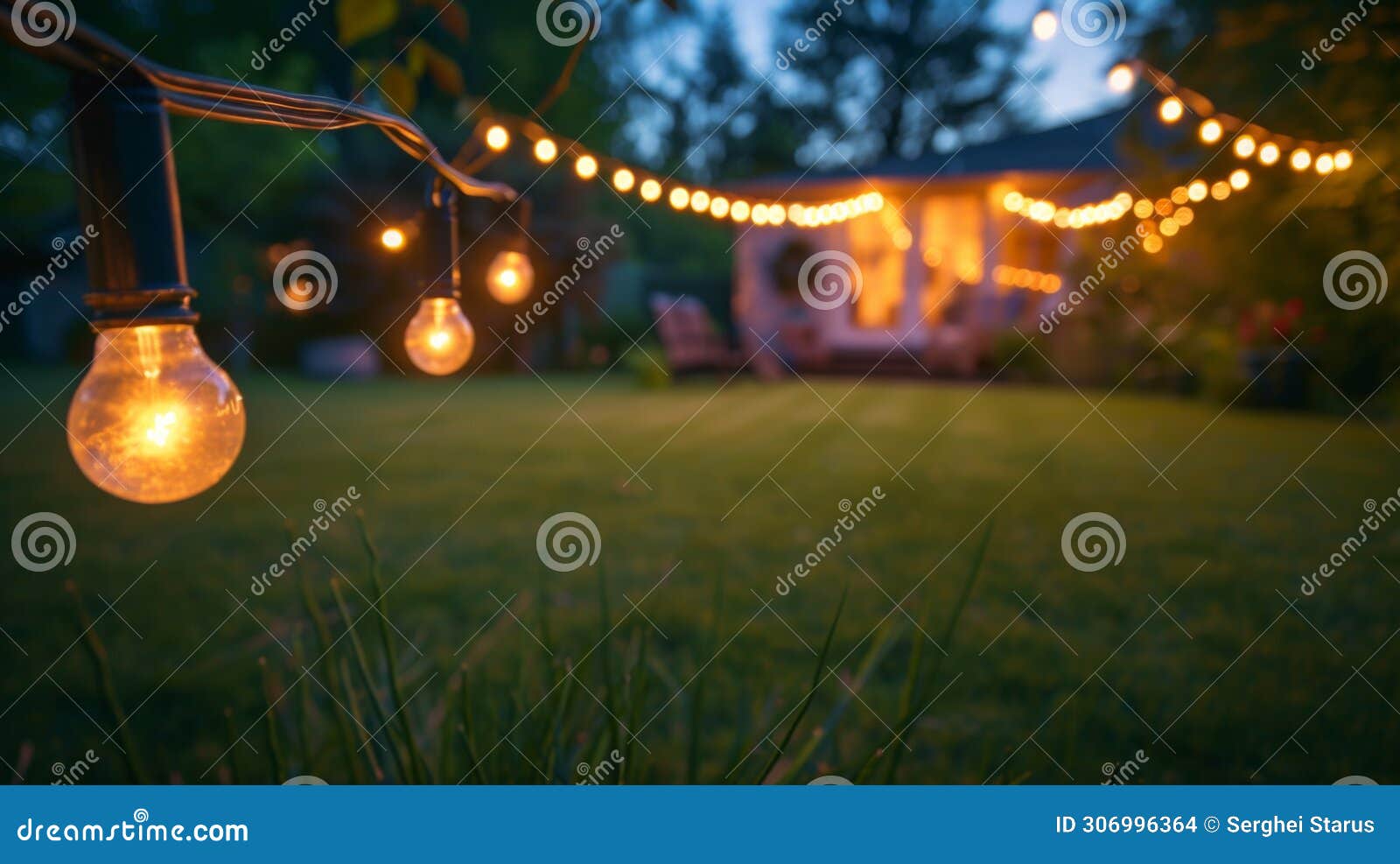 A Yard with String Lights and a House in the Background, AI Stock Photo ...
