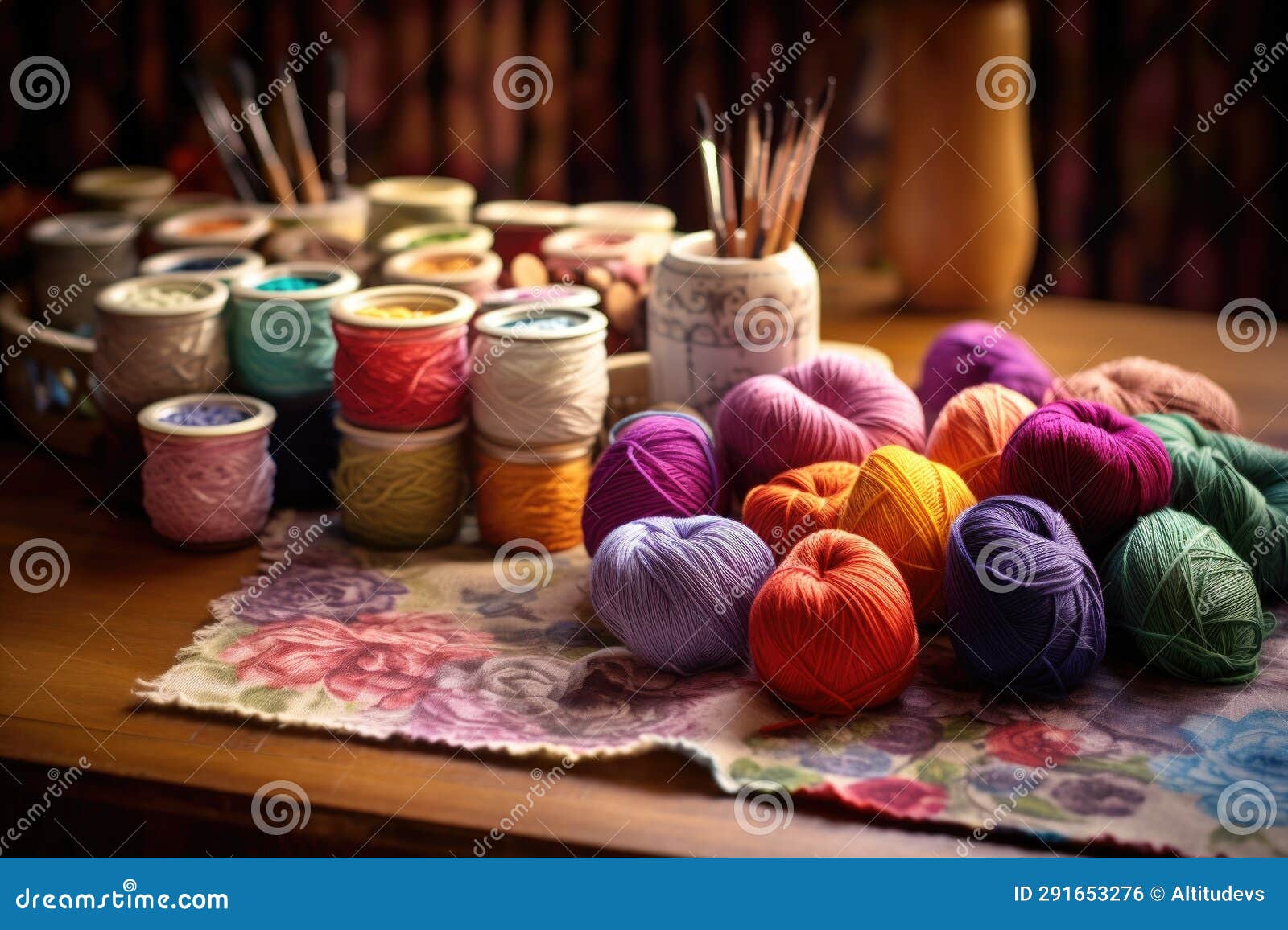 Yarn and Crochet Needles on a Craft Table Stock Photo - Image of table ...