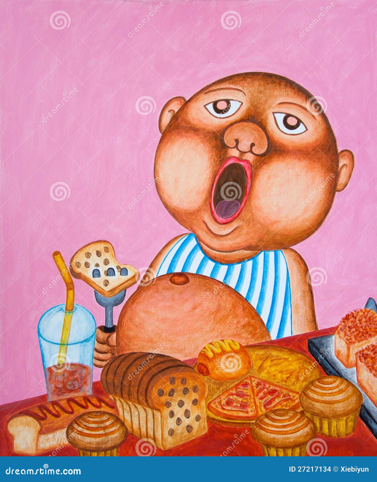 Yawning Little Boy Eating Too Many Bread. Stock Illustration ...