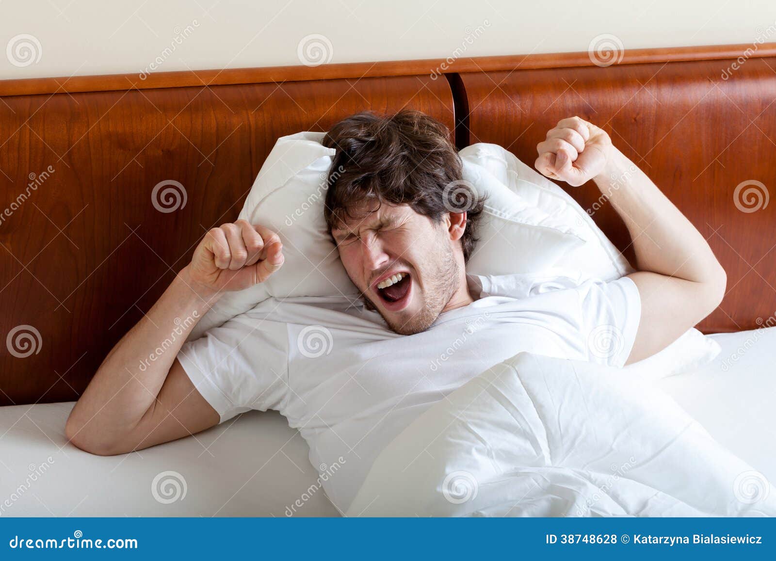 Yawning Man after Awakening Stock Photo - Image of bedtime, hotel: 38748628
