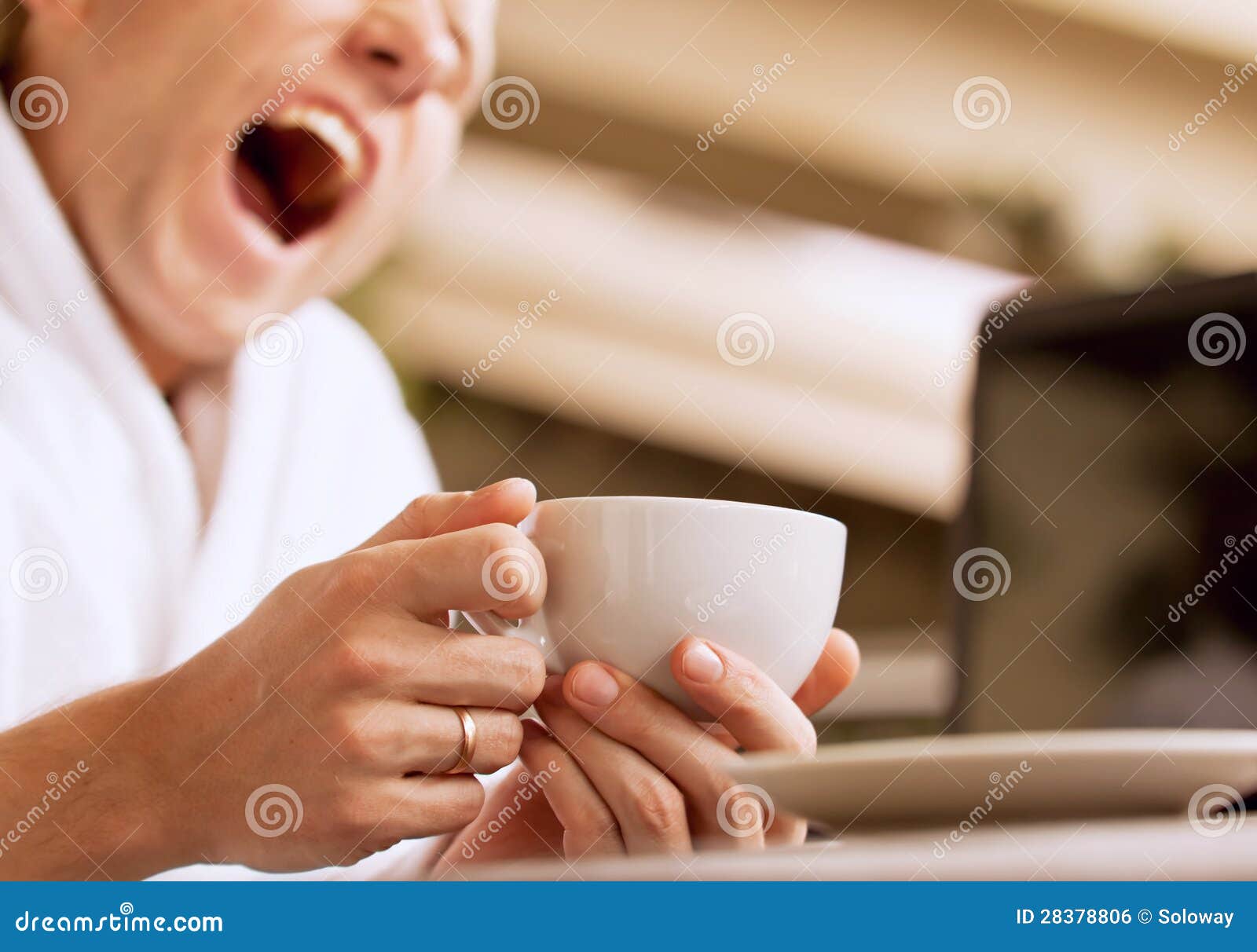 Yawning Sleepy Man with Cup of Coffee in Hand Stock Photo - Image of ...