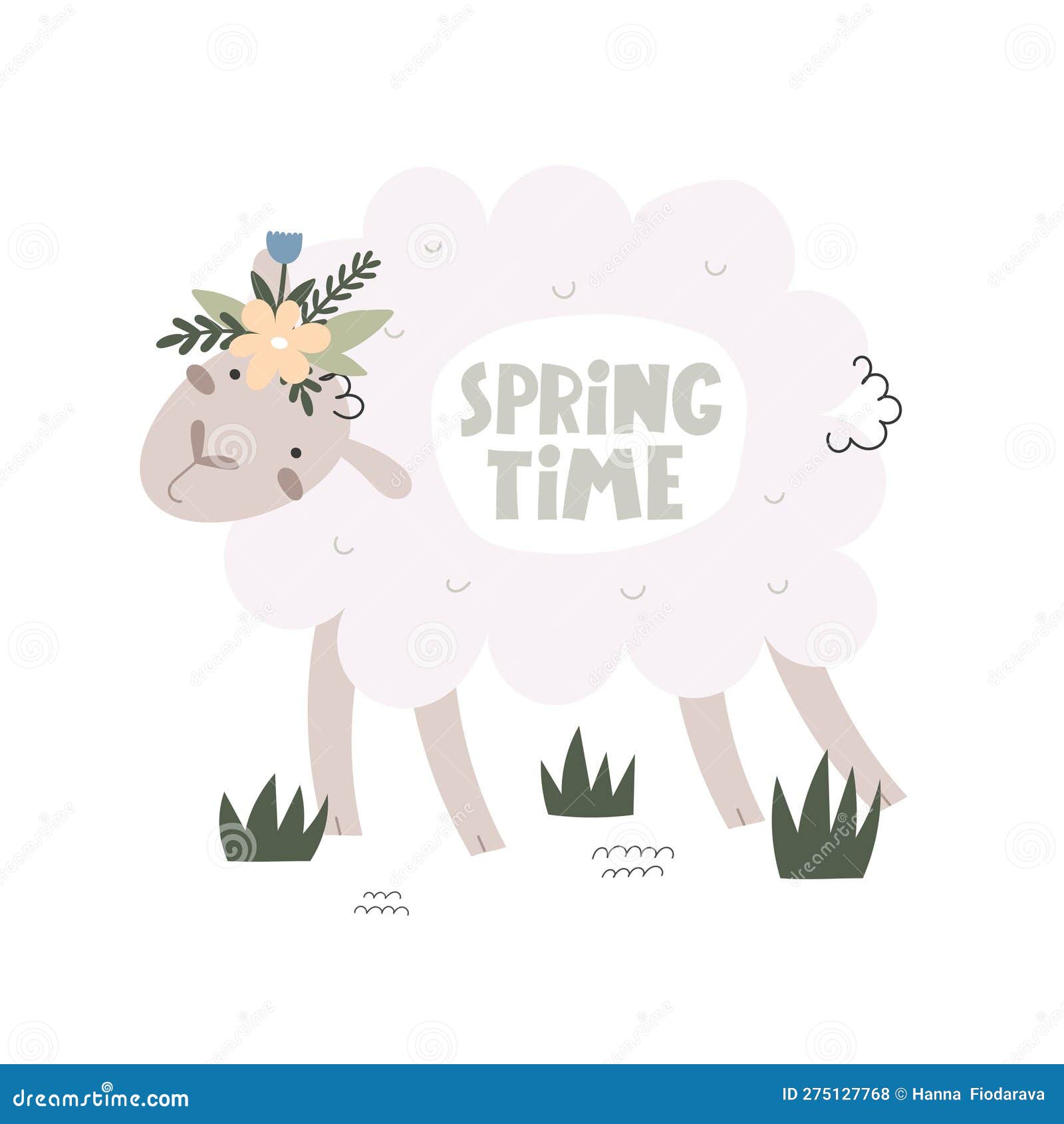 Spring Time. Cartoon Sheep, Flowers, Hand Drawing Lettering. Colorful ...