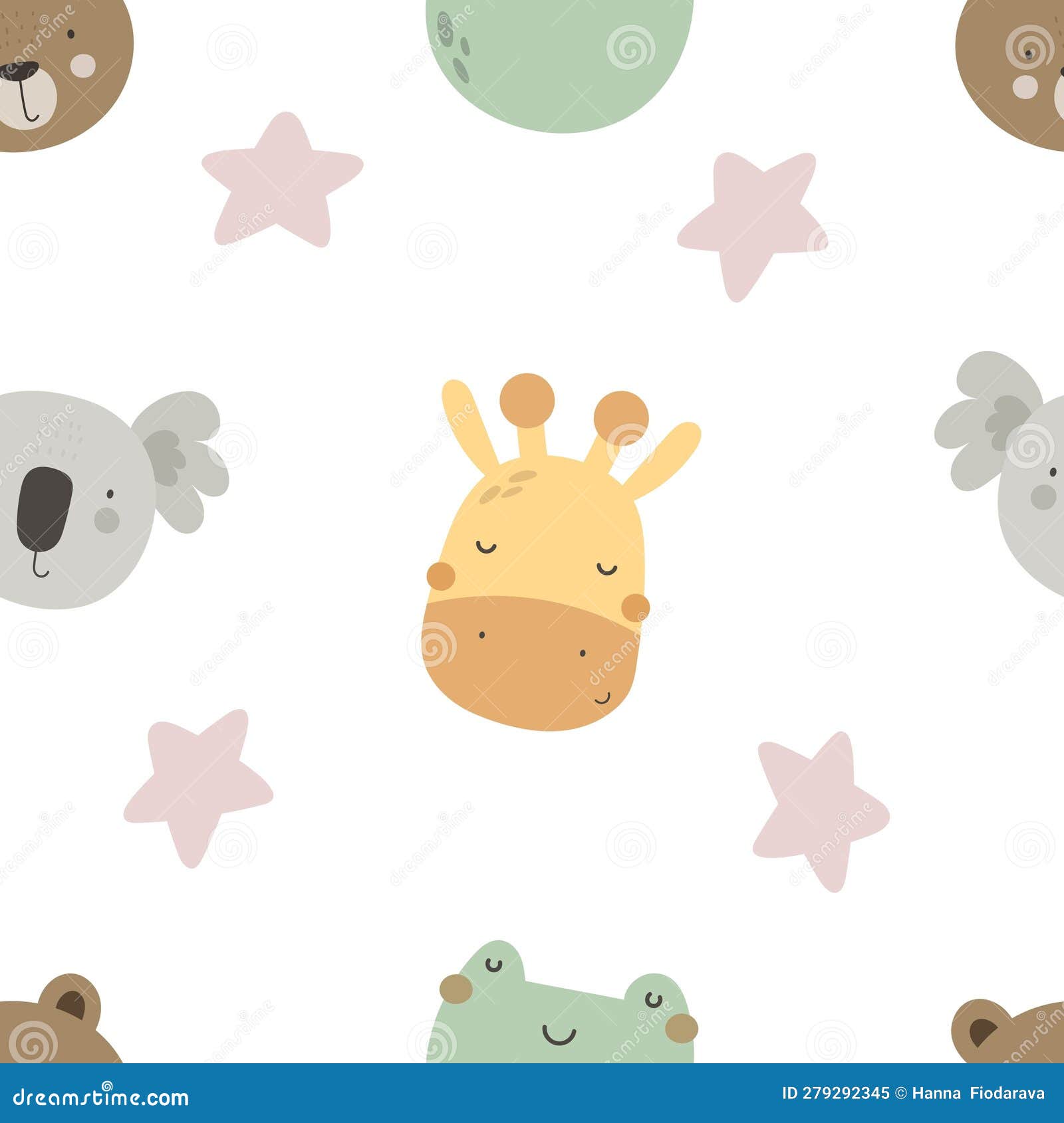 Seamless Pattern with Cartoon Koala, Frog, Giraffe, Decor Elements ...