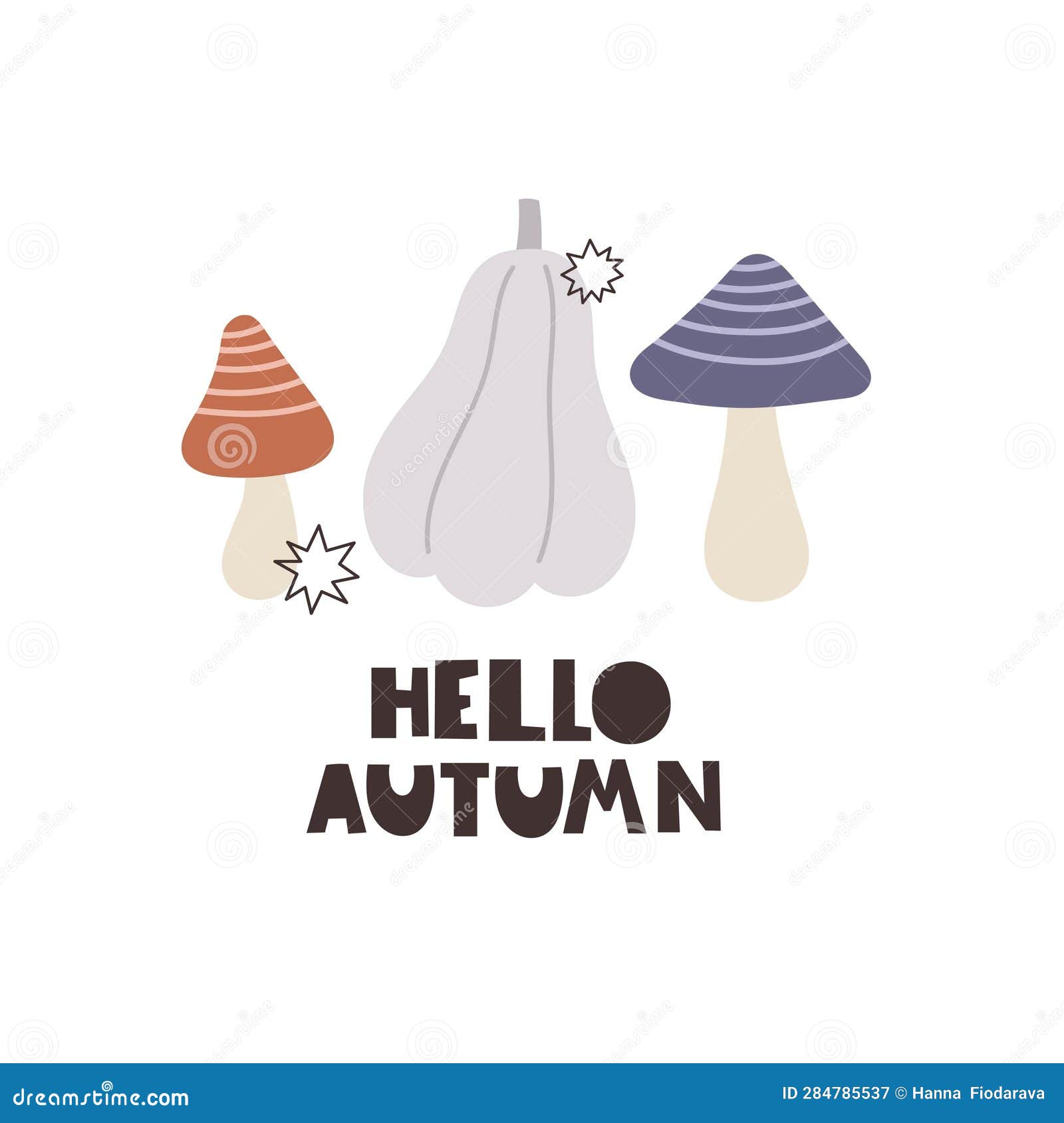 Hello Autumn. Cartoon Pumpkins, Mushroom, Decorative Elements. Season ...