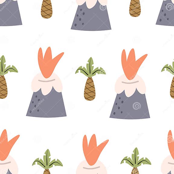 Seamless Pattern with Cartoon Volcano, Decor Elements. Colorful Vector ...