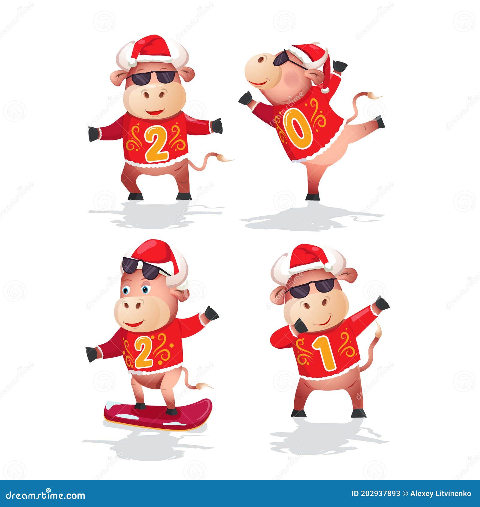 2021 Year of the Bull. Funny 4 Bulls with Numbers of 2021 on White ...