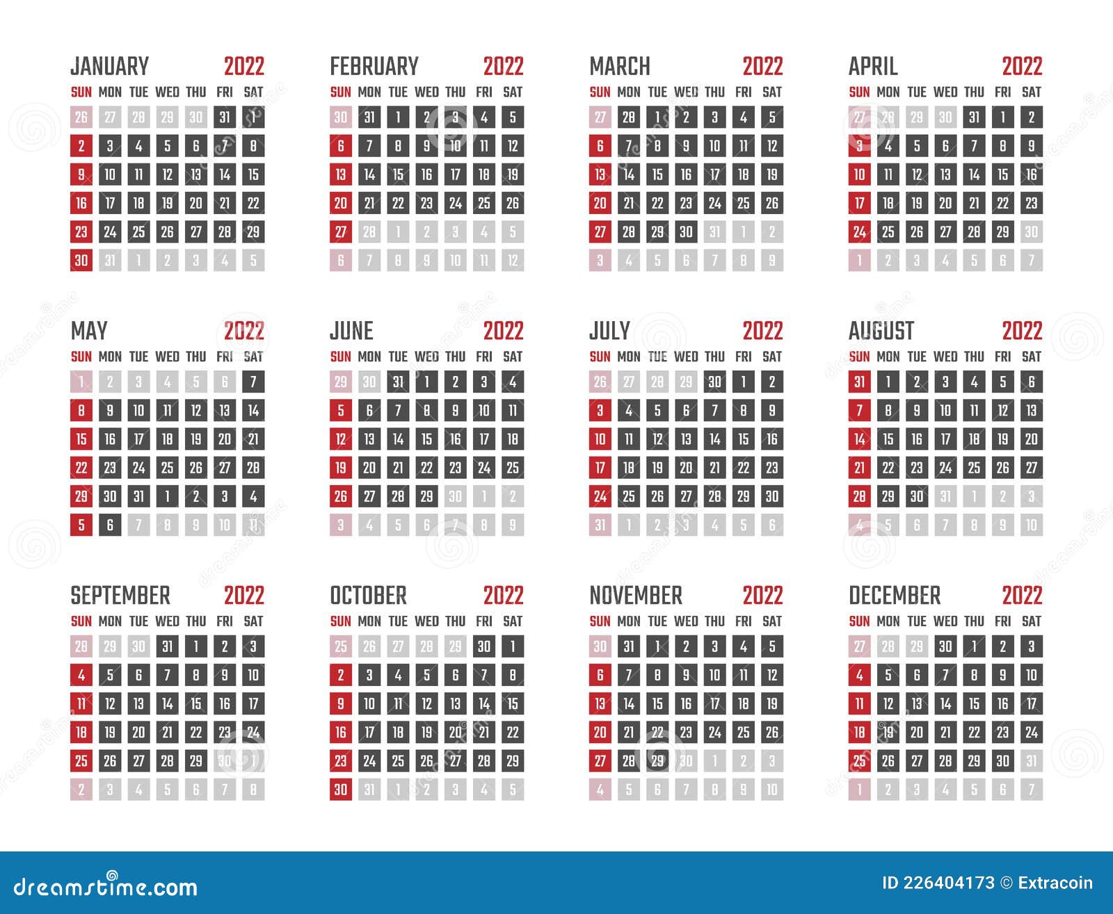 2022 Year Calendar, Calendar Design for 2022 Starts Sunday Stock Vector ...