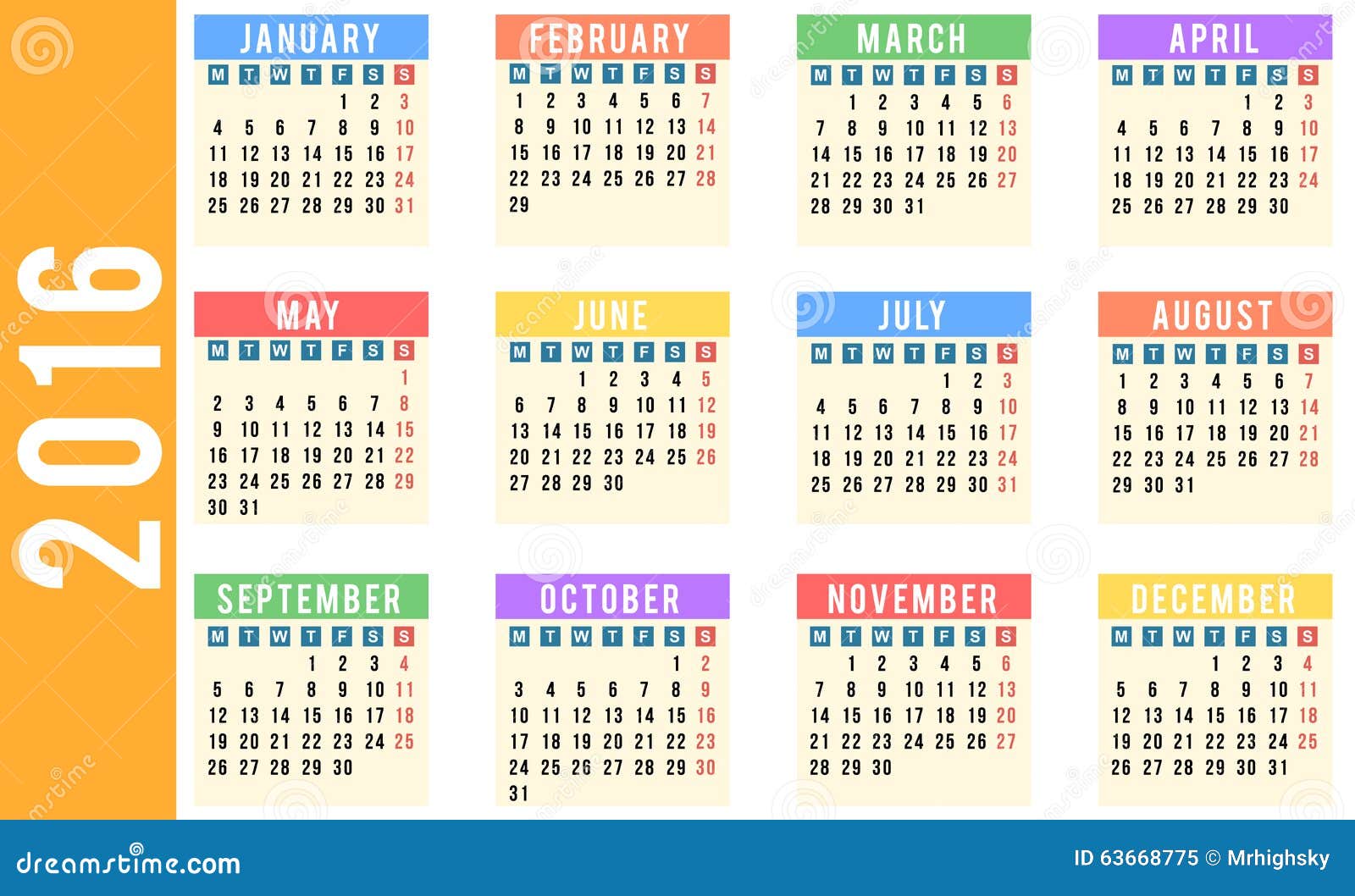 Year 2016 calendar stock vector. Illustration of date - 63668775