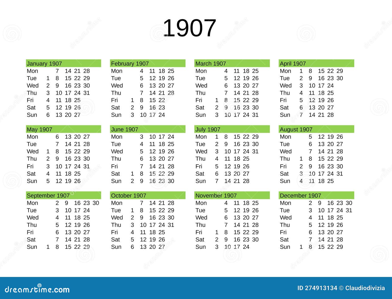 Year 1907 Calendar in English Stock Illustration - Illustration of july ...