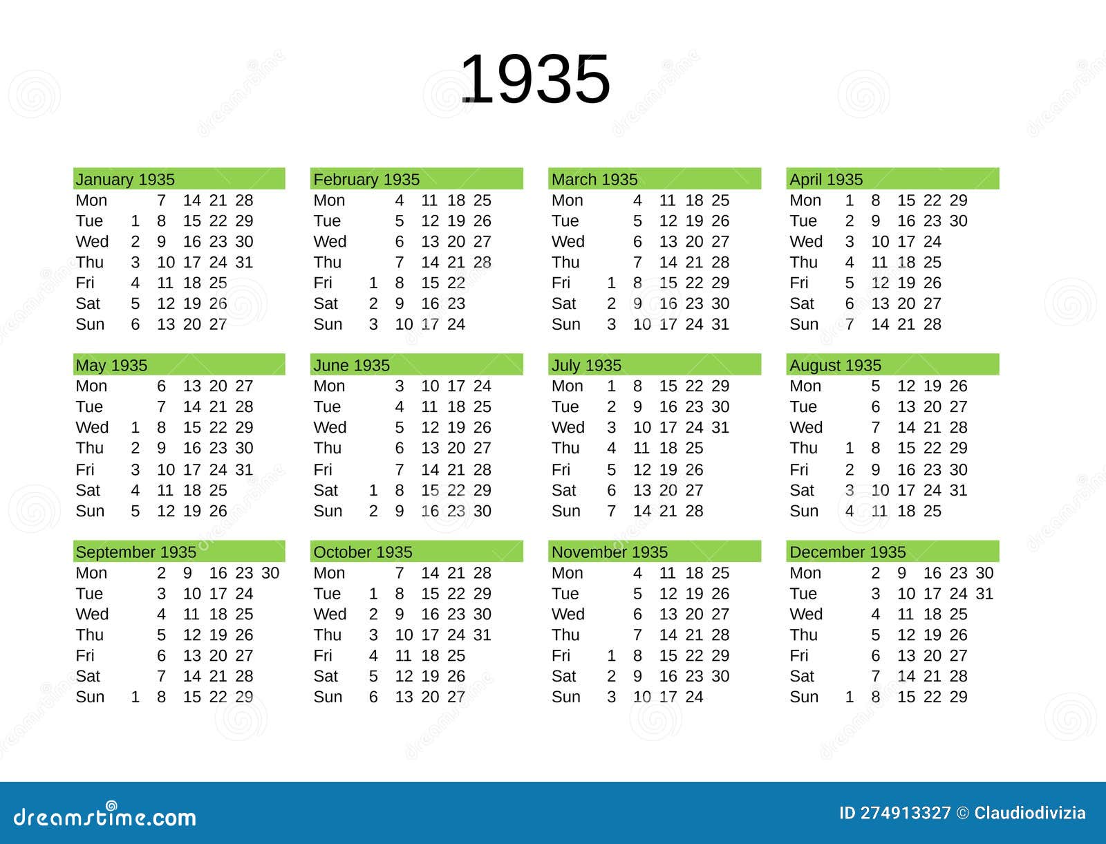 Year 1935 Calendar in English Stock Illustration - Illustration of june ...