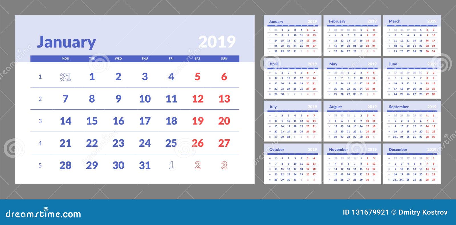 The Calendar for the 2019 New Year Printable Stock Vector ...