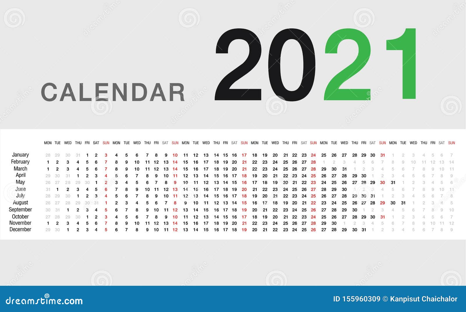 Year 2021 Calendar Horizontal Vector Design Template, Simple and Clean ...