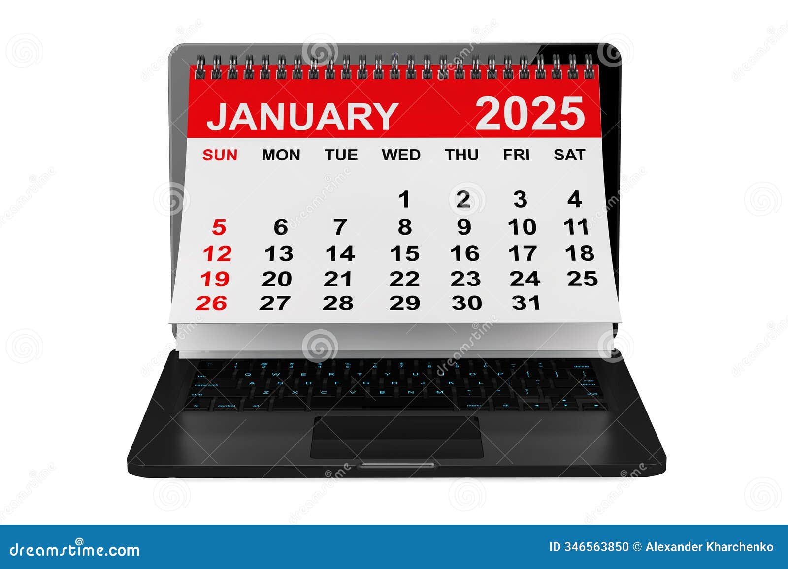 2025 Year Calendar. January Calendar Over Laptop Screen. 3d Rendering ...
