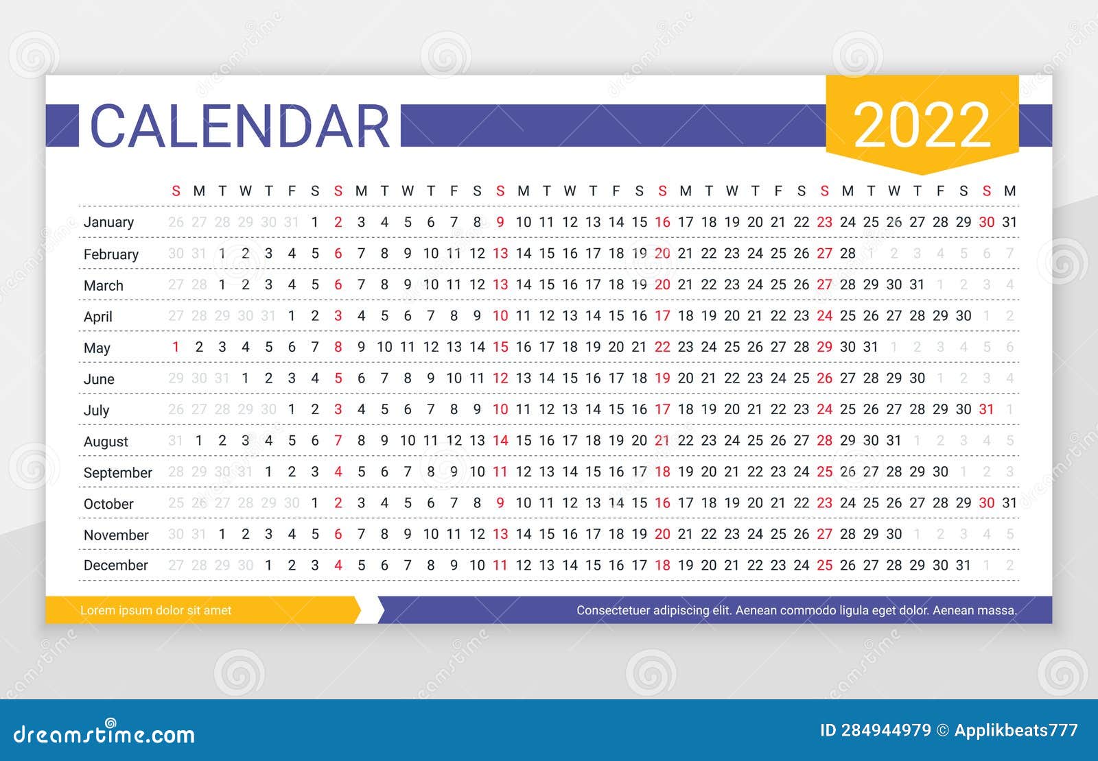 2022 Linear Calendar. Yearly Planner Template. Vector Illustration ... 2022 Linear Calendar. Yearly Planner Template. Vector Illustration ...
