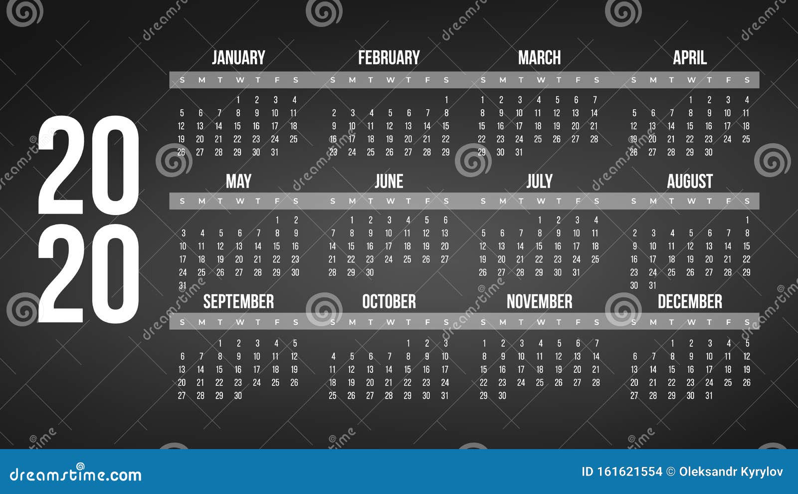 Year 2020 Calendar or Planner Grid . Black Background. Vector ...