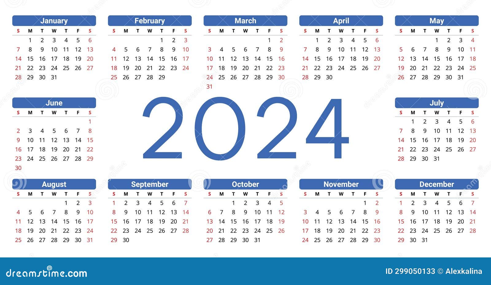 2024 Year Calendar. Printable Vector Illustration. English, Landscape ...