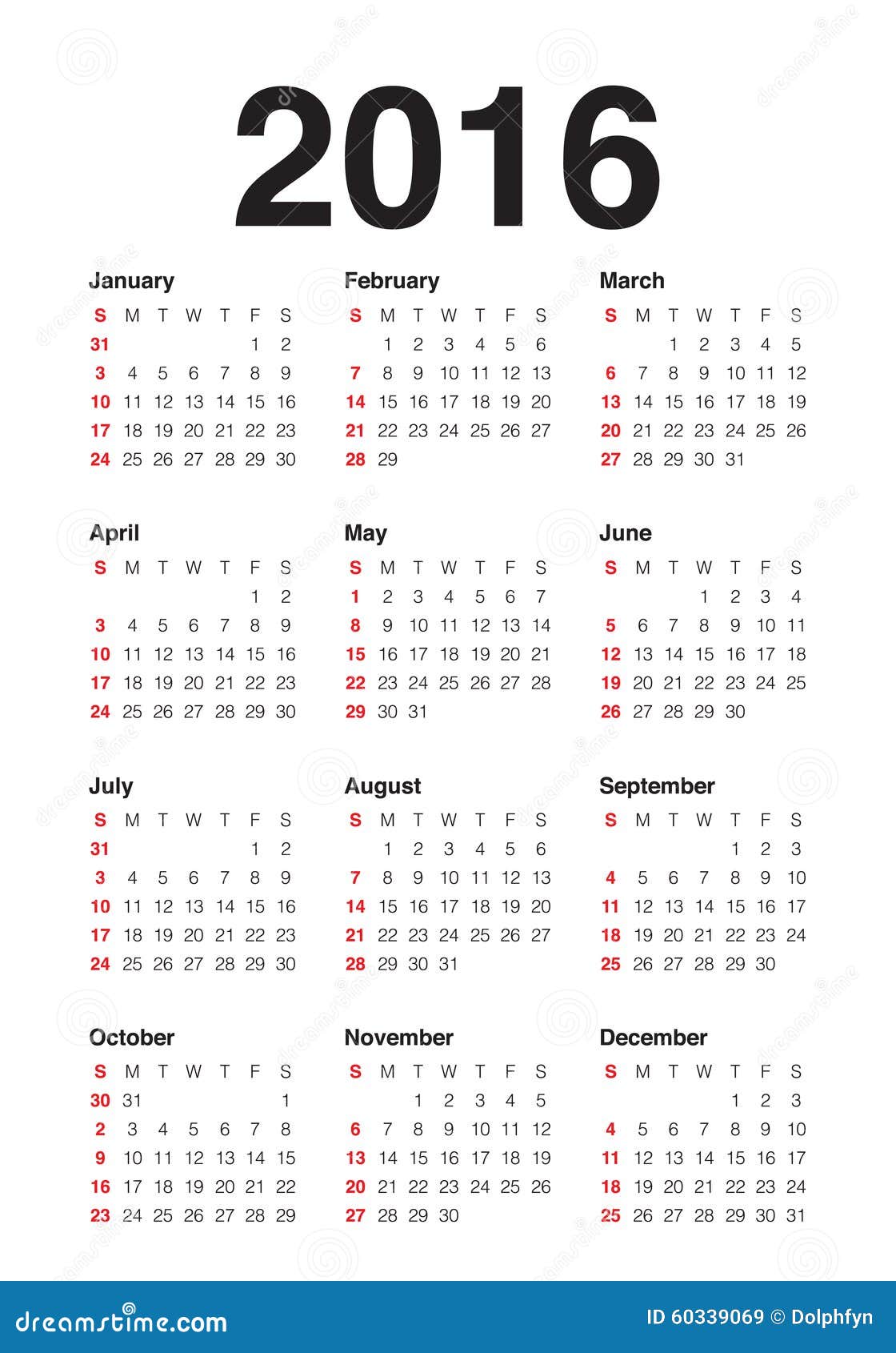 2016 Year Calendar stock vector. Illustration of simple - 60339069