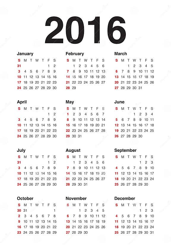 2016 Year Calendar stock vector. Illustration of simple - 60339069