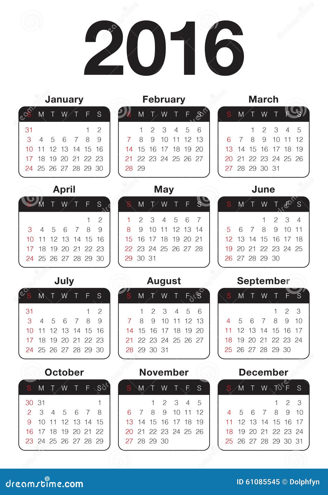 2016 Year Calendar stock vector. Illustration of number - 61085545