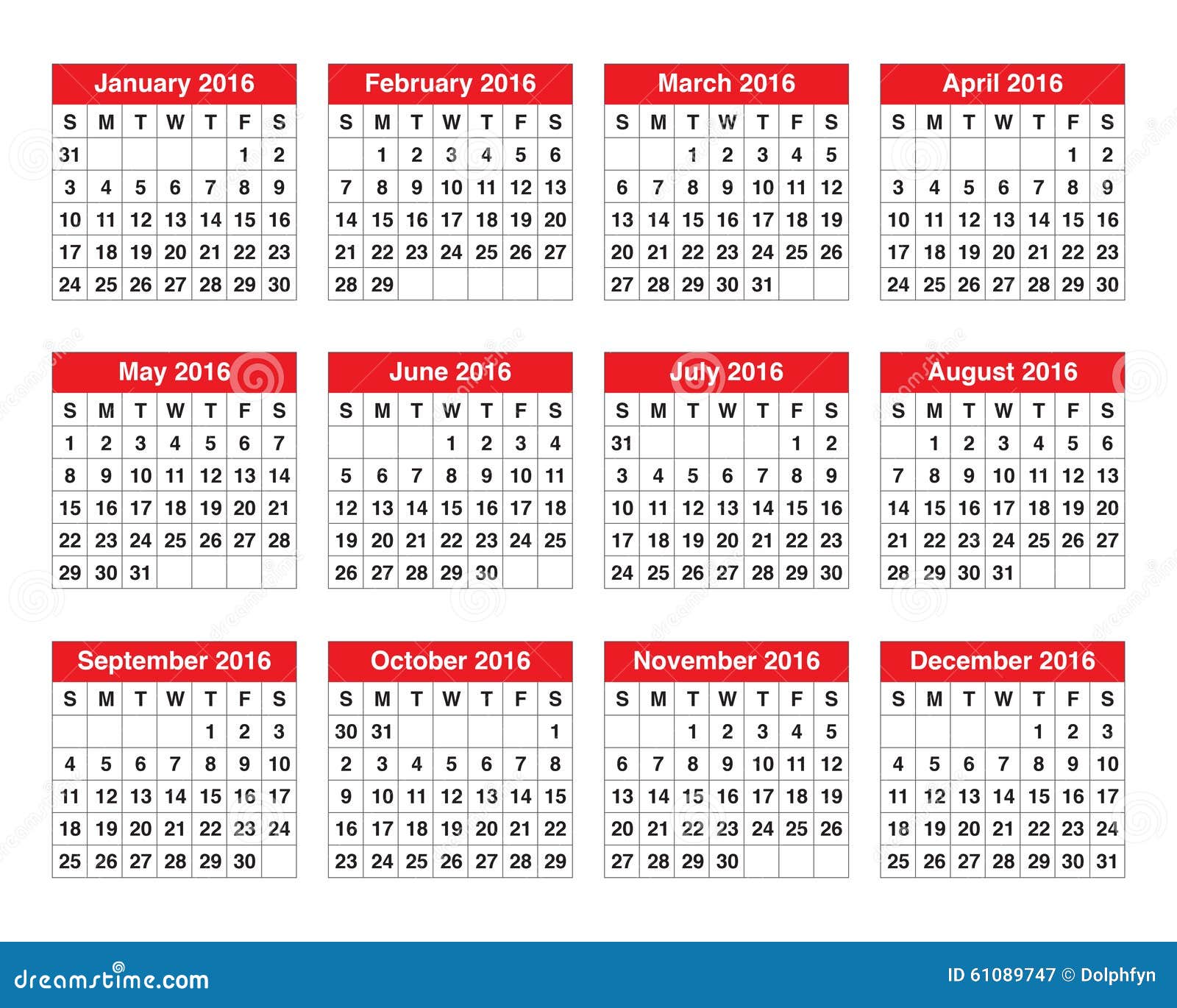 2016 Year Calendar stock vector. Illustration of monthly - 61089747