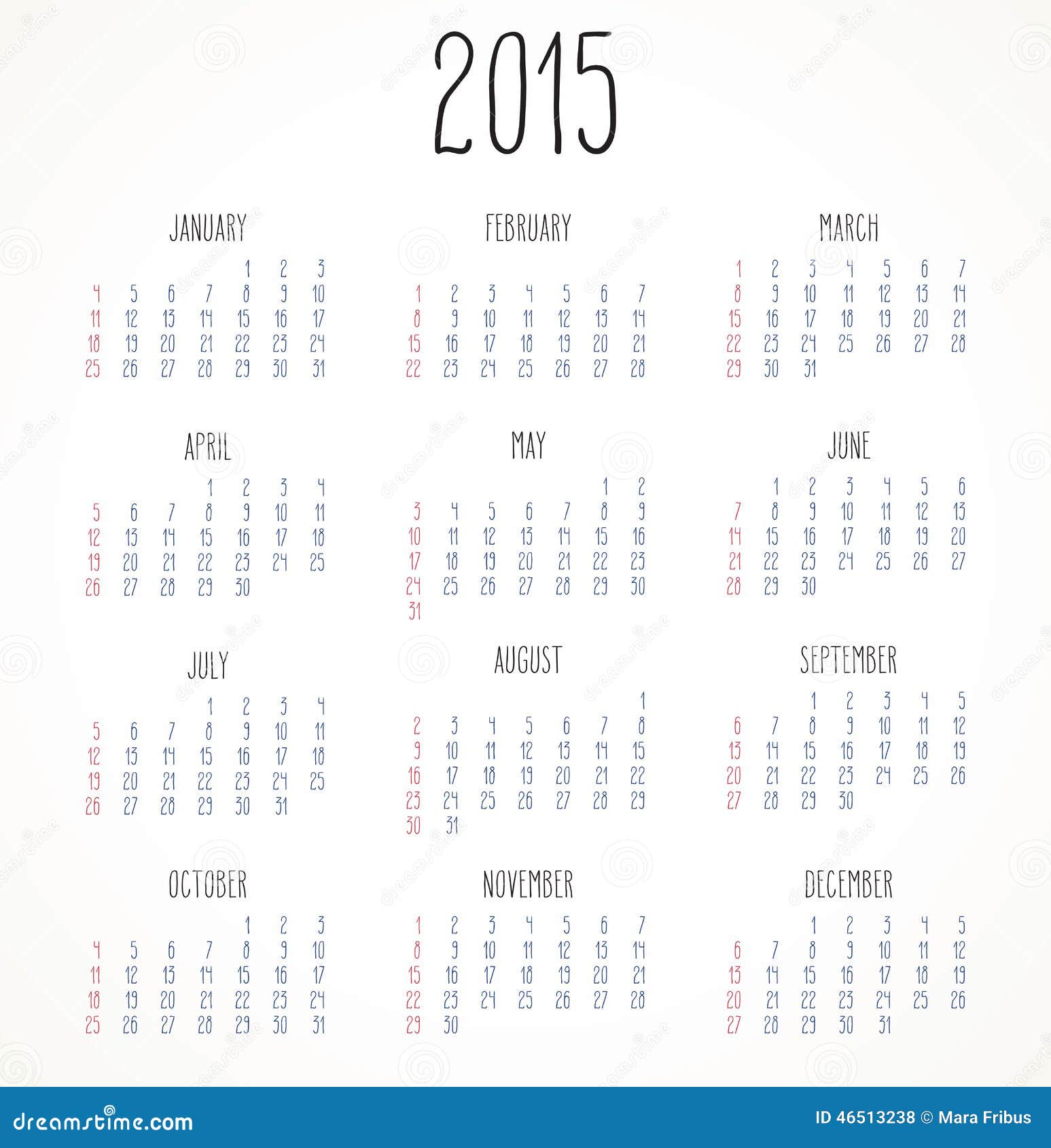 Year 2015 calendar stock vector. Illustration of data - 46513238