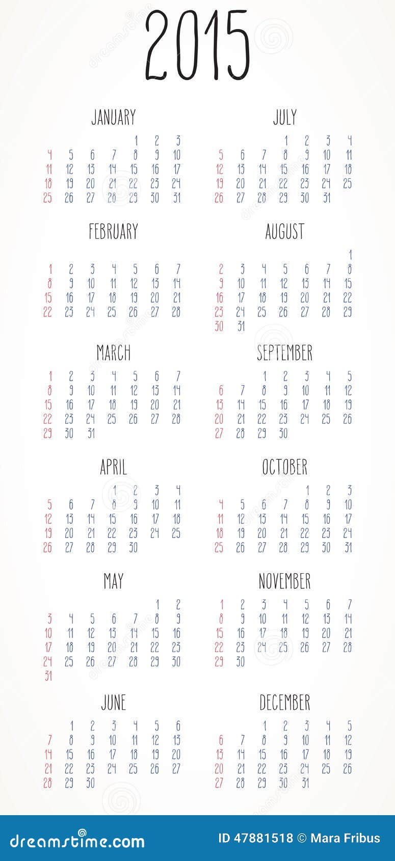 Year 2015 calendar stock vector. Illustration of grid - 47881518